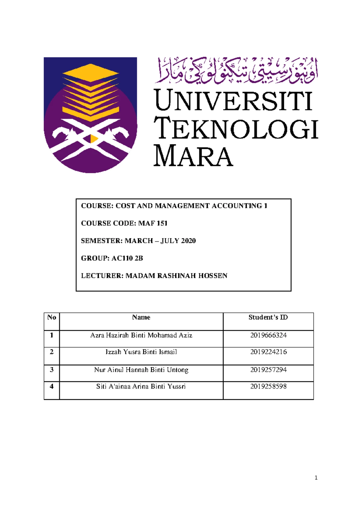 MAF 151 Group Assignment - Warning: TT: undefined function: 32 No Name Student’s ID 1 Azra ...