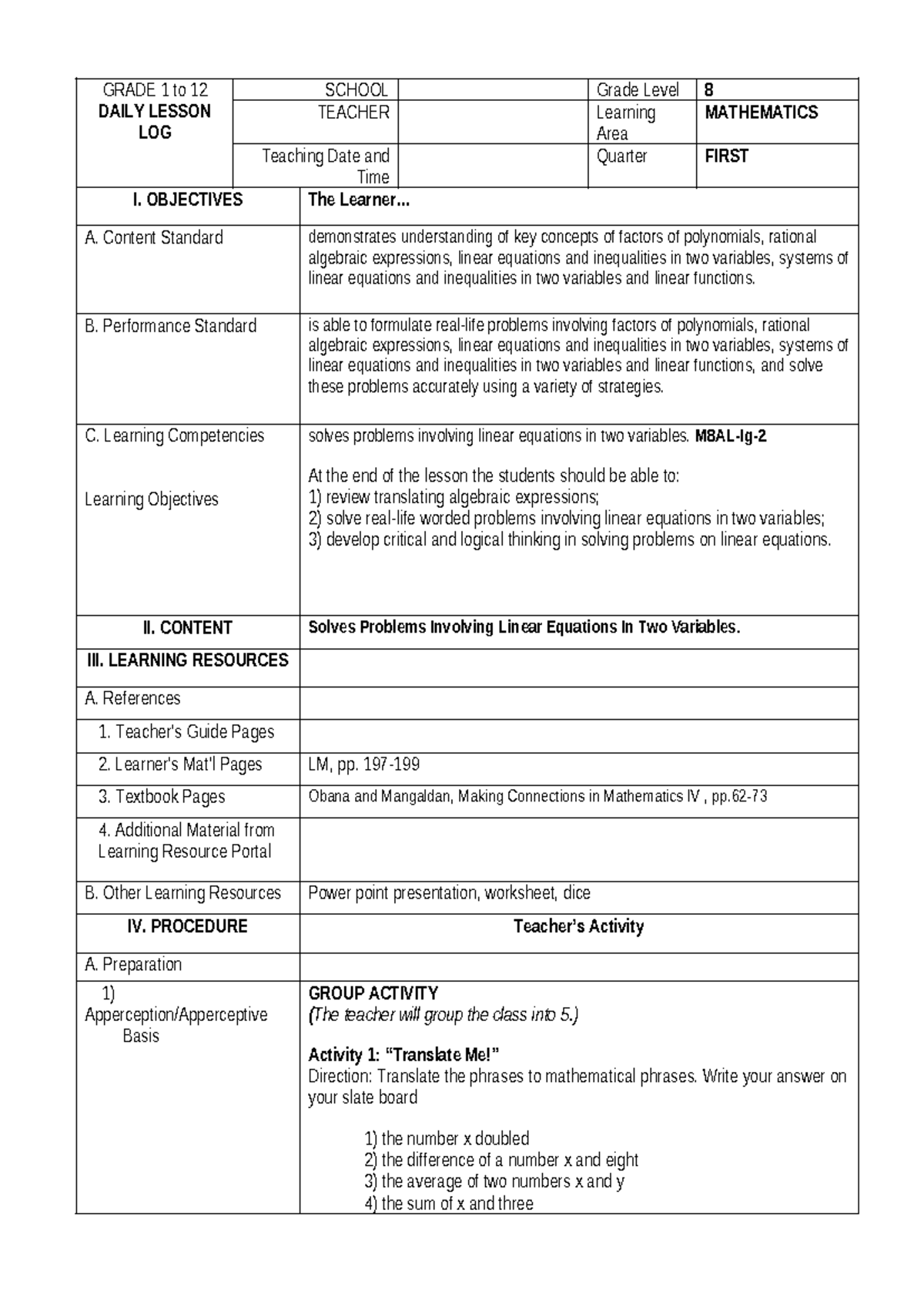 Lesson Plan on Solving Problems Involving Linear Equations M8AL-Ig ...
