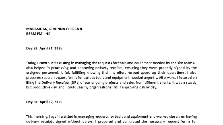 WEEK 8 OJT Diary: April 21-26, 2025 - Daily Reflections - Studocu