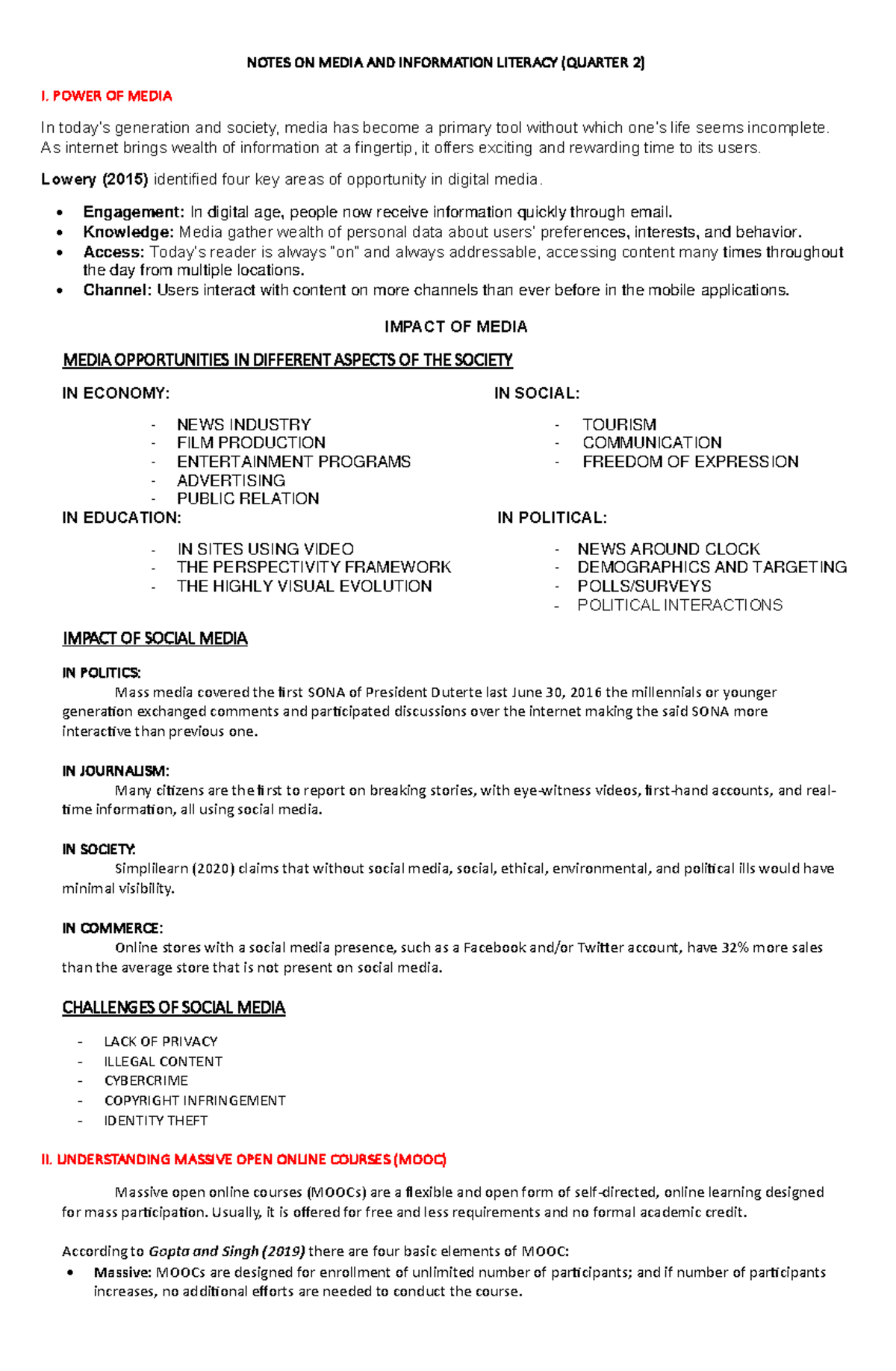 MIL GRADE 12 MEDIA & INFORMATION LITERACY NOTES (QUARTER 2) - Studocu