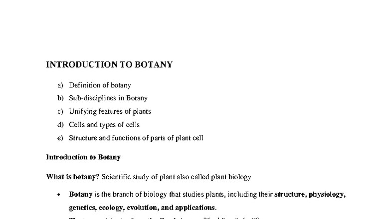 BOTA 111 Introduction to Botany and Plant Cells Lecture Notes - Studocu
