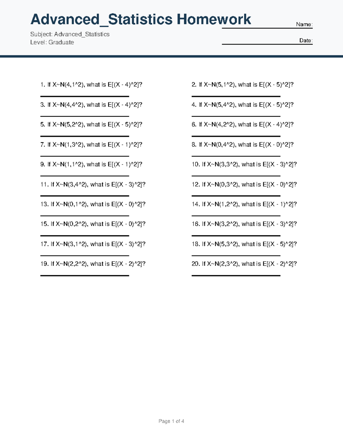 Advanced_Statistics Graduate Homework 2: Problem Set & Answers - Studocu
