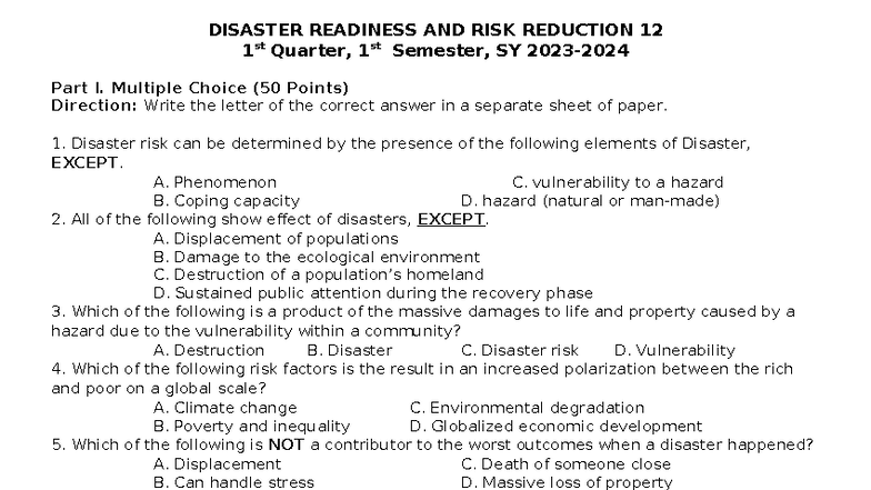 DISASTER READINESS AND RISK REDUCTION 12 1st Quarter MCQ Exam - Studocu
