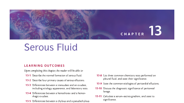 CHAPTER 13: Serous Fluid Analysis and Clinical Significance - Studocu
