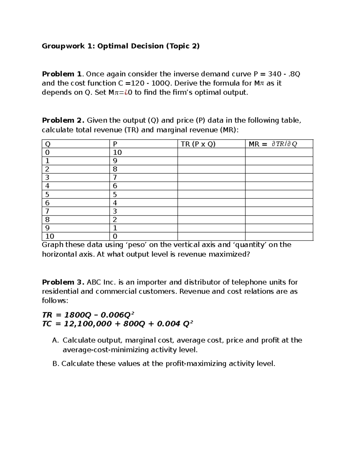Groupwork 1: ECON Practical Exercises on Optimal Decision-Making - Studocu