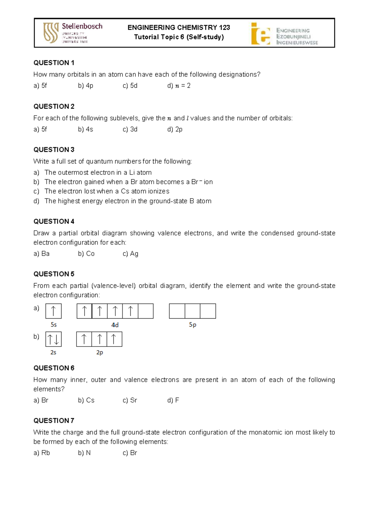 Engineering Chemistry 123 Tutorial Questions - Studocu