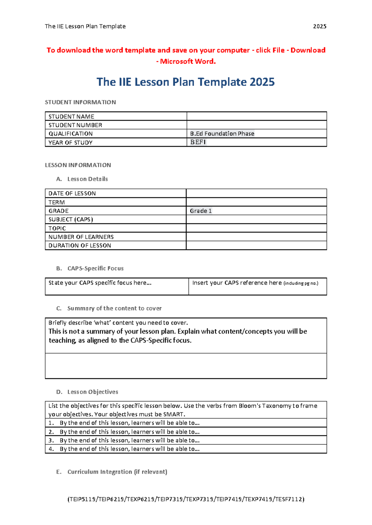 2025 IIE Lesson Plan Template for B.Ed Foundation Phase Lessons - Studocu