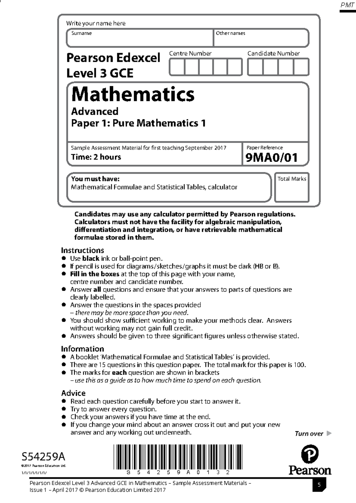 Mathematics Level 3 GCE Paper 1: Pure Mathematics Sample QP - Studocu