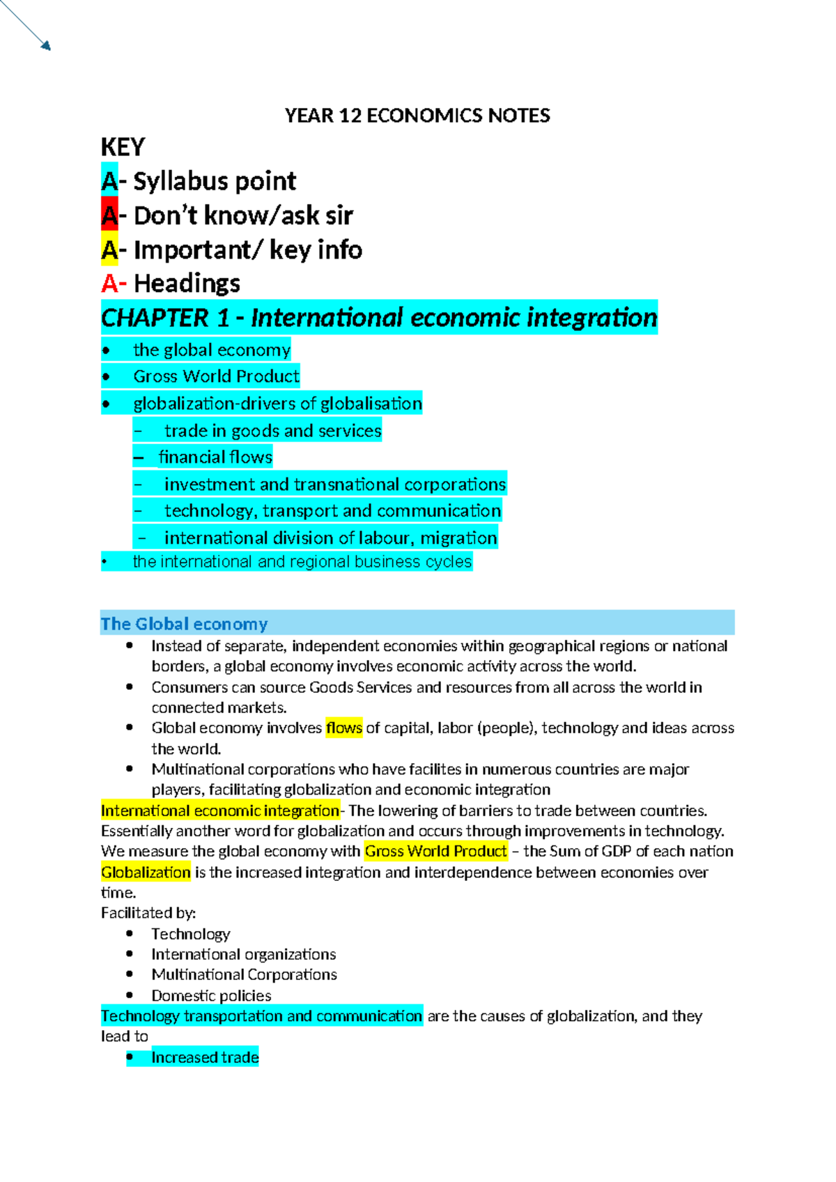 YEAR 12 ECONOMICS NOTES: CHAPTER 1 - Global Economic Integration - Studocu