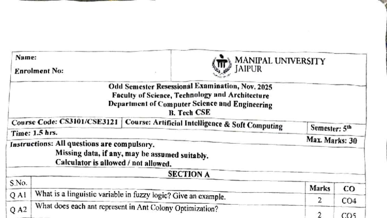 Artificial Intelligence & Soft Computing Exam - B.Tech CSE (5th Sem ...