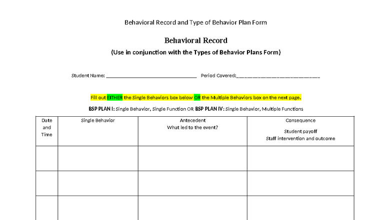 Behavioral Record & Behavior Plan Form (BSP) - 2.2 - Studocu