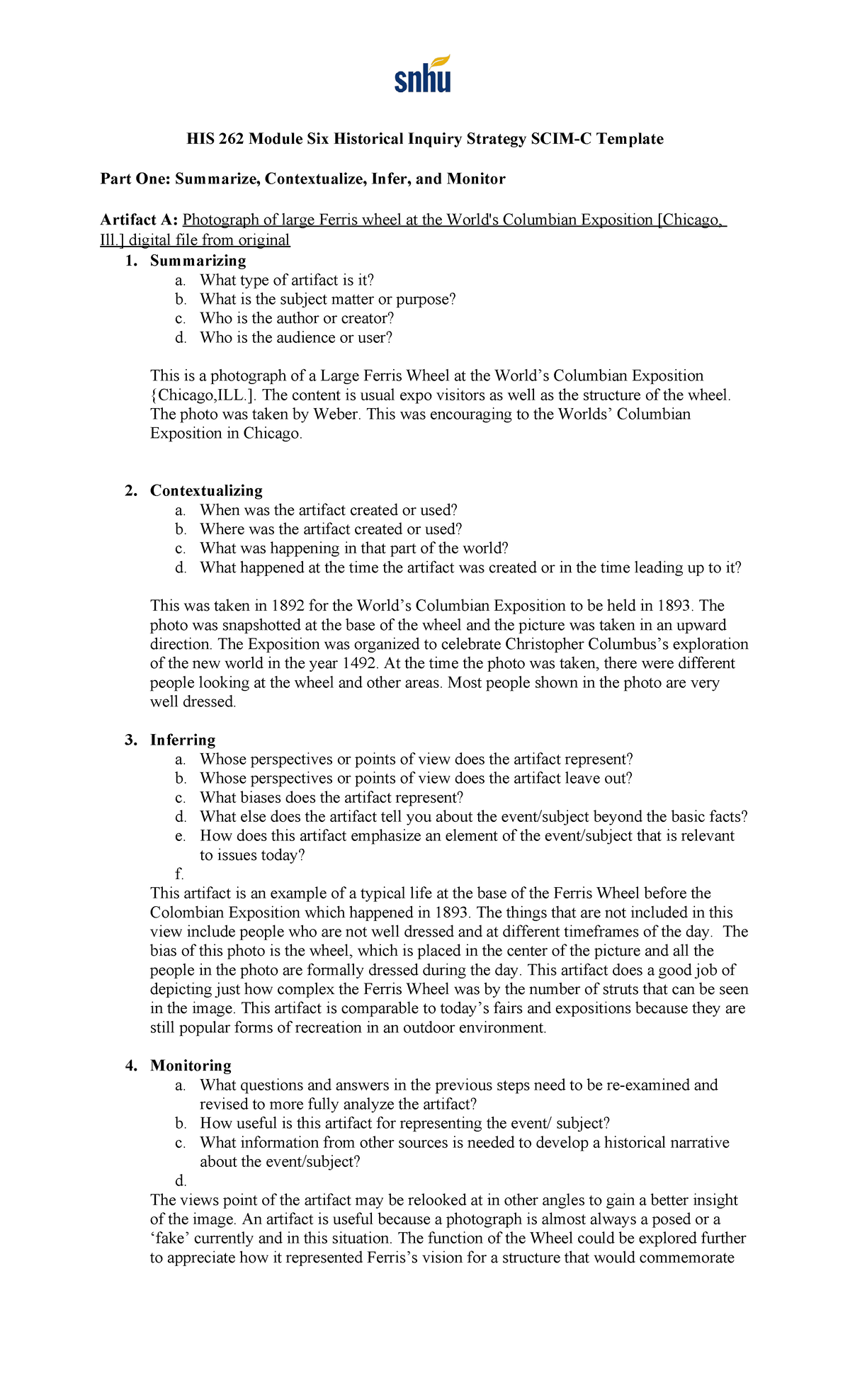 HIS 262 Module Six Strategy: Analyzing Artifacts of the 1893 Exposition ...