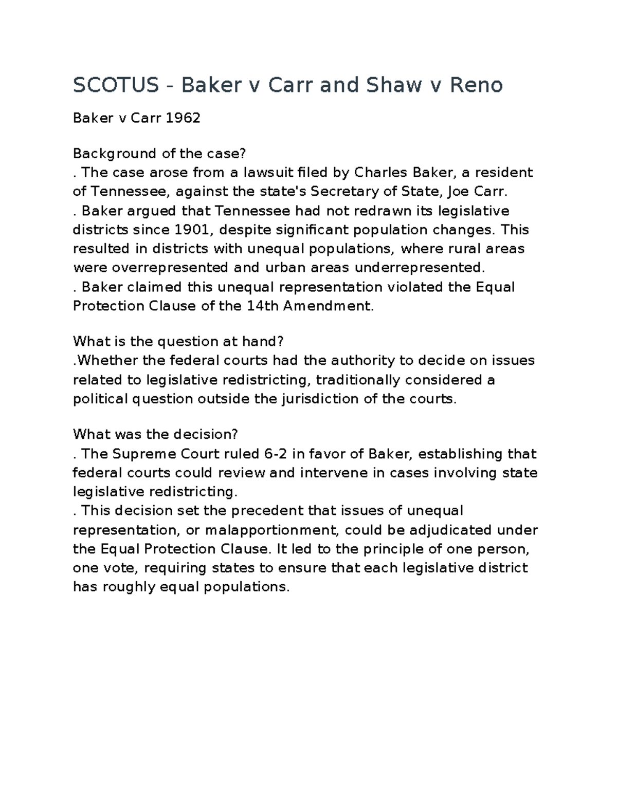 SCOTUS Case Study: Baker v Carr & Shaw v Reno Analysis - Studocu