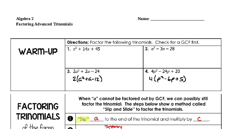 006 Algebra 2 Factoring Advanced Trinomials Notes - Studocu