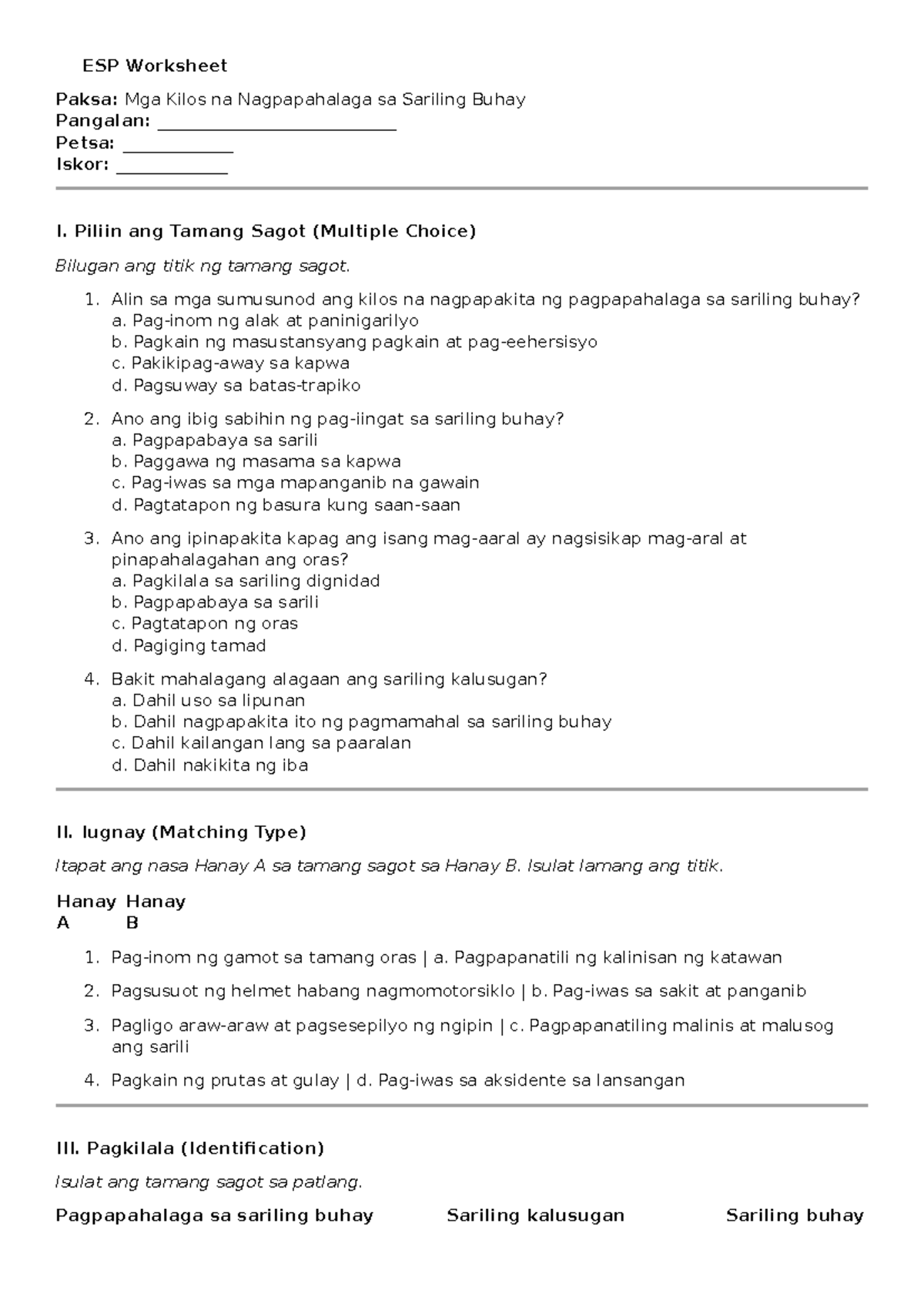 ESP Worksheet: Pagsunod sa mga Paalala at Babala sa Daan - Studocu