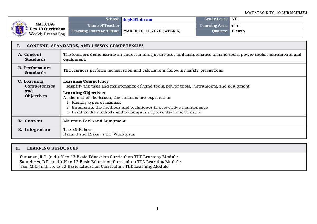 DLL Matatag TLE 7 Q4 W5 - DLL GRADE 7 4TH Quarter - MATATAG K to 10 ...