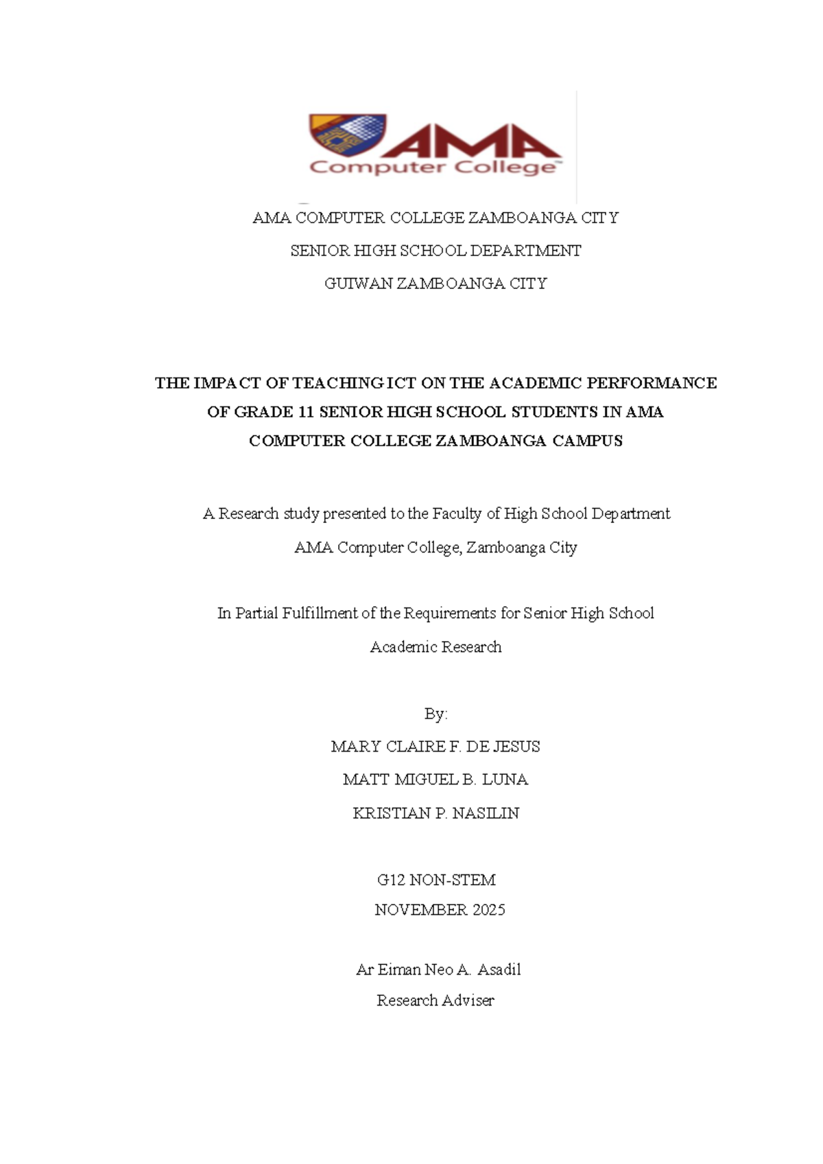 The Impact of ICT Teaching on Grade 11 Academic Performance at AMA ...