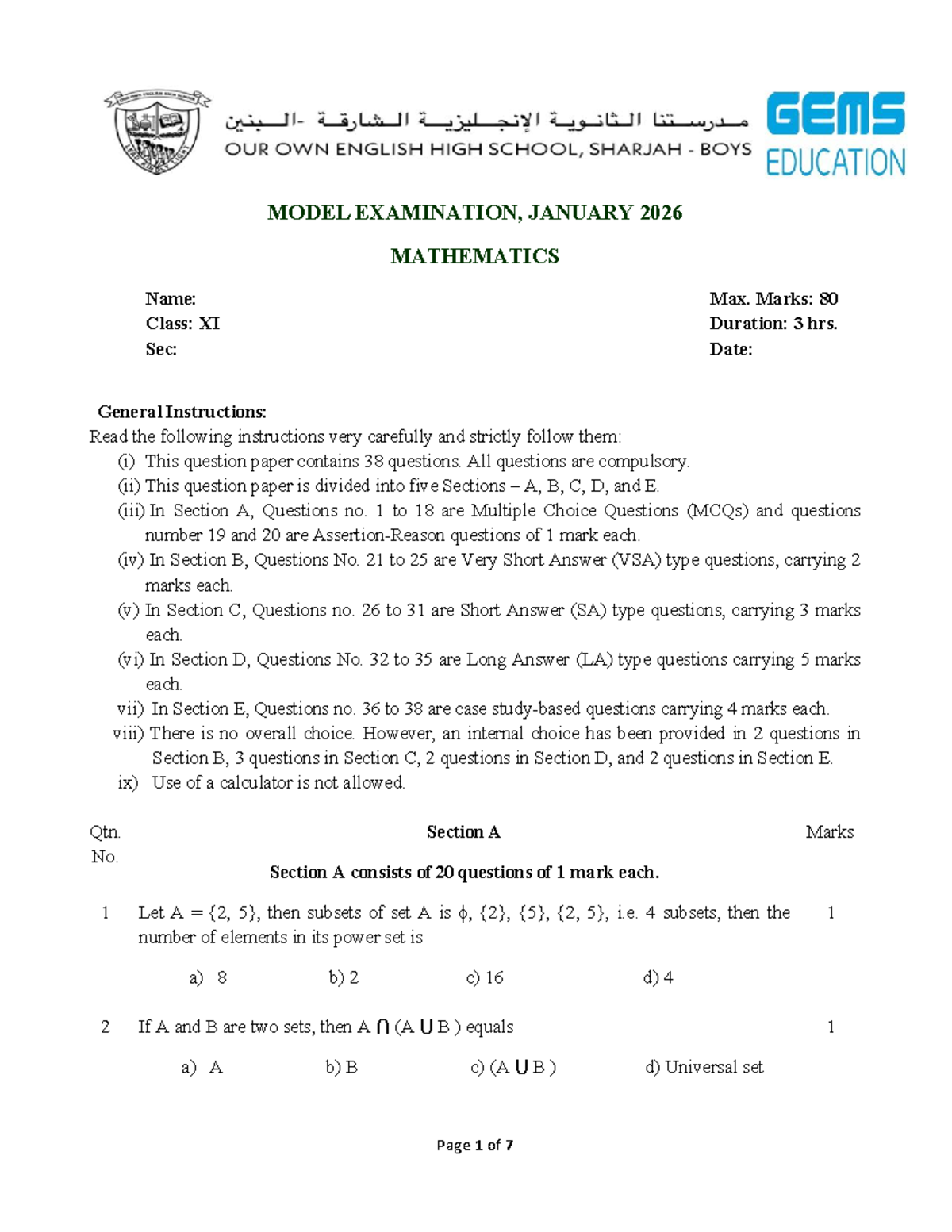 MODEL EXAMINATION - MATH XI - JAN 2026 - SAMPLE PAPER - Studocu