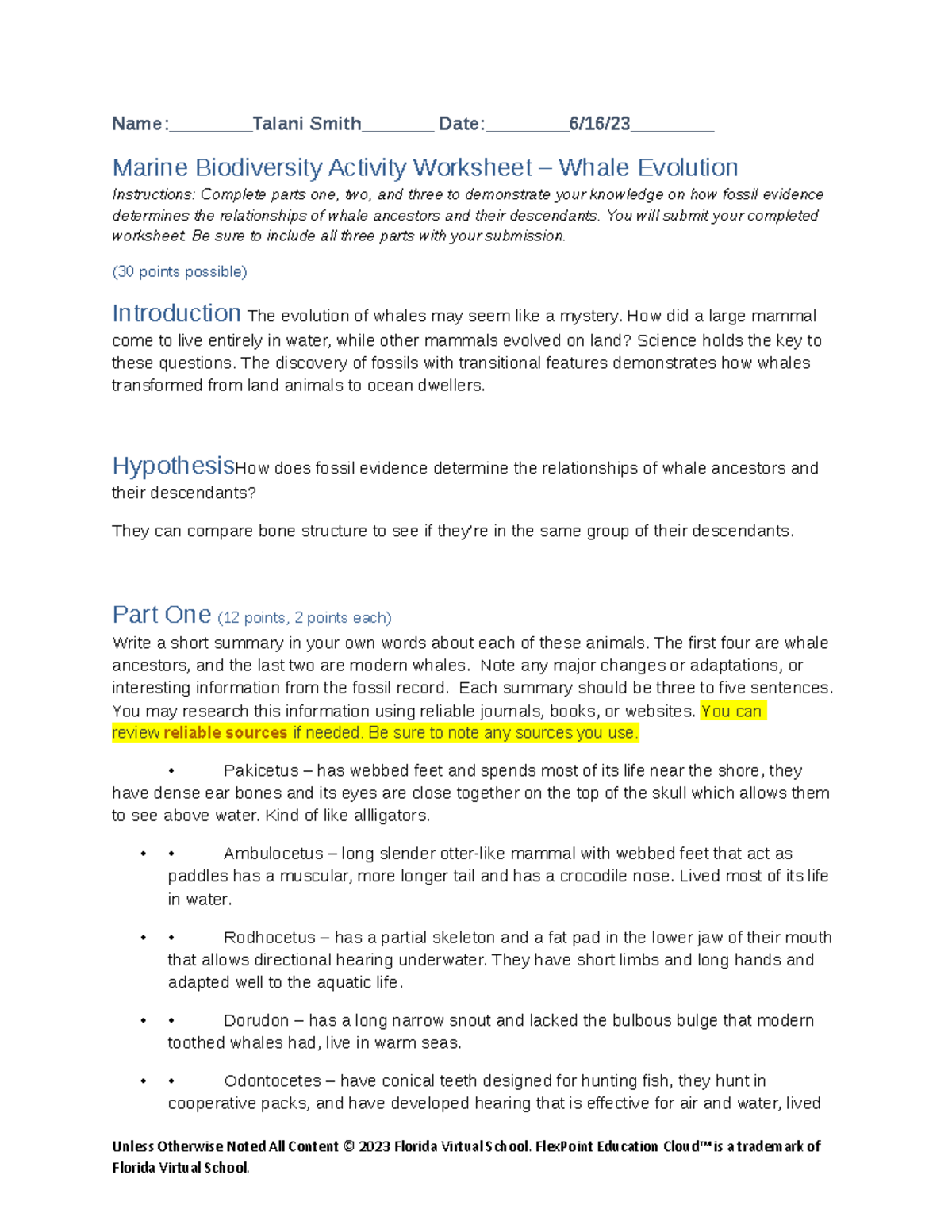 Marine Biodiversity Activity Worksheet: Whale Evolution T.A.K.S. - Studocu