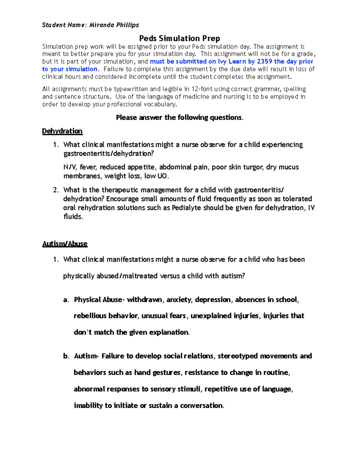 PEDS Sim sheet - Sim assignment- pediatrics clinical - Student Name ...
