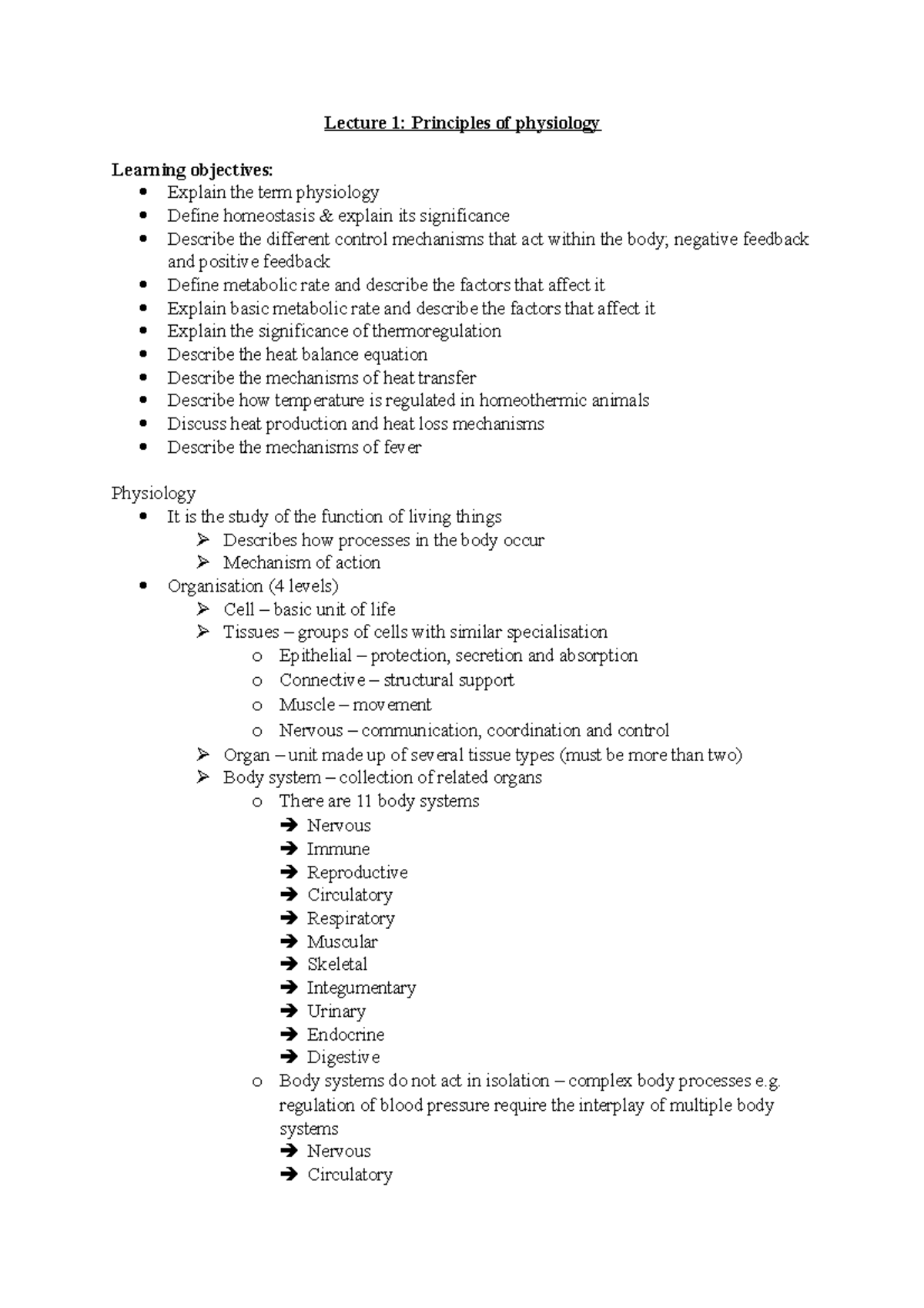 Physiology - Lecture notes 5 - Lecture 1: Principles of physiology ...