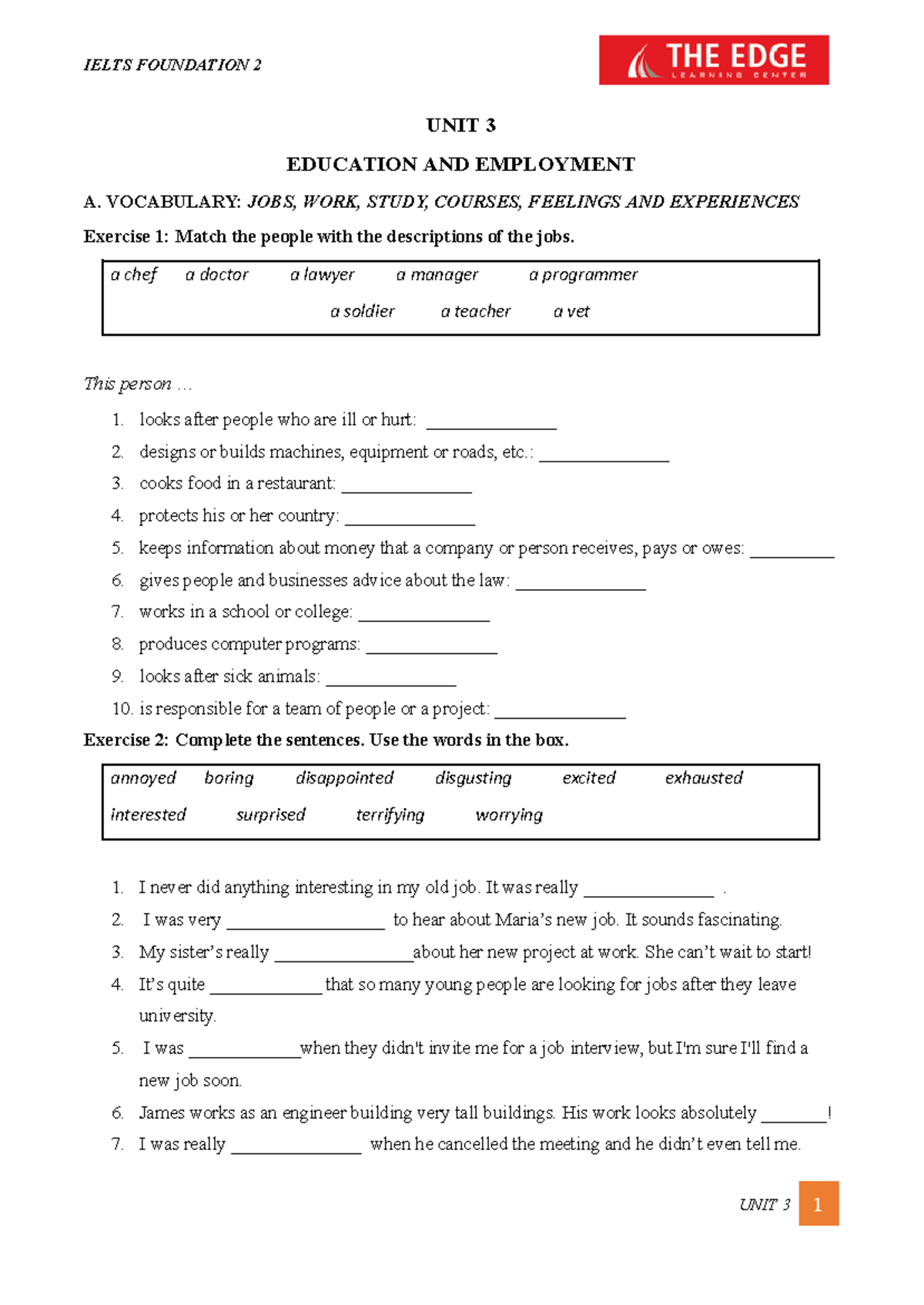 IELTS FOUNDATION 2 UNIT 3: EDUCATION & EMPLOYMENT VOCABULARY EXERCISES ...