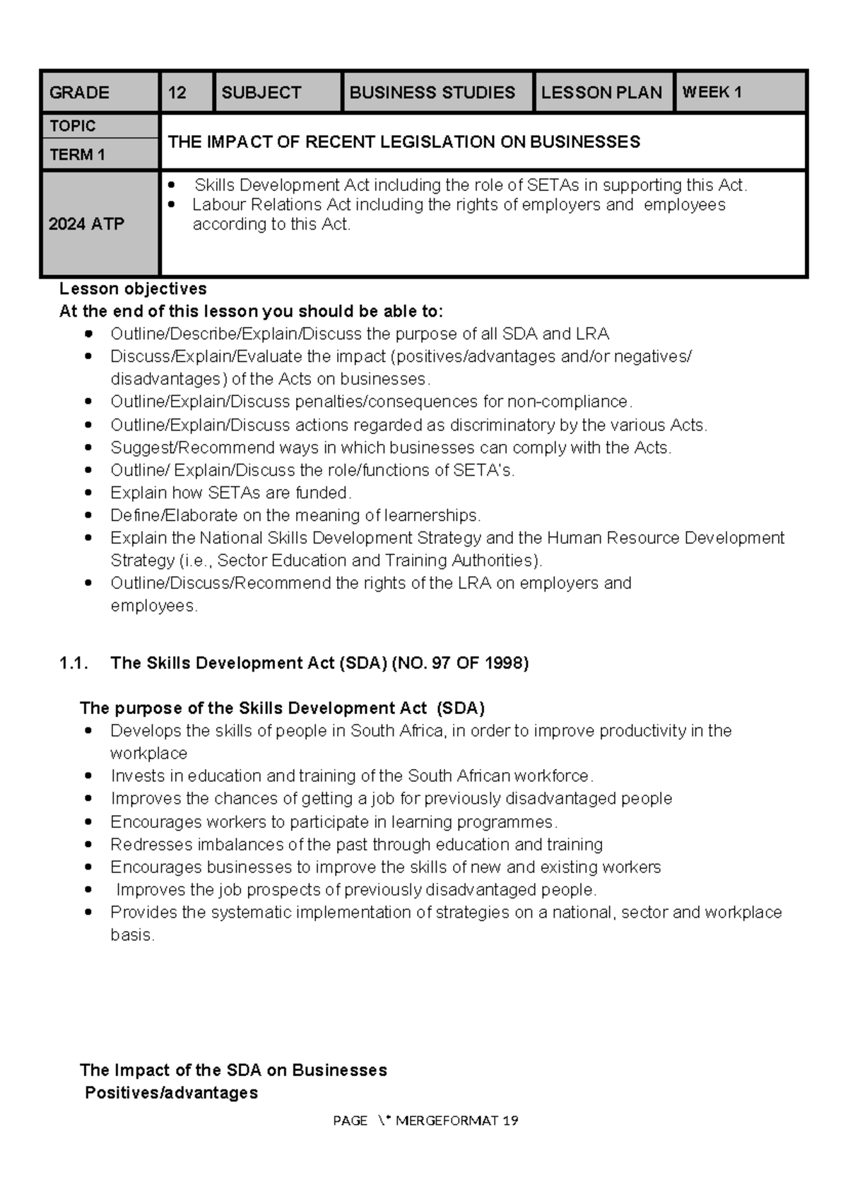 2024 G12 Business Studies Lesson Plans T1: Impact of Legislation on ...