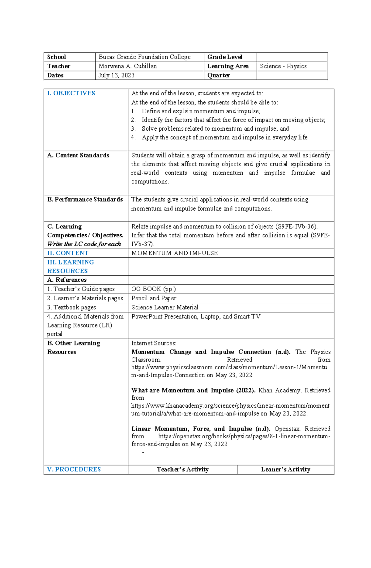 Physics Lesson Plan: Momentum & Impulse - Grade Level 2023 - Studocu