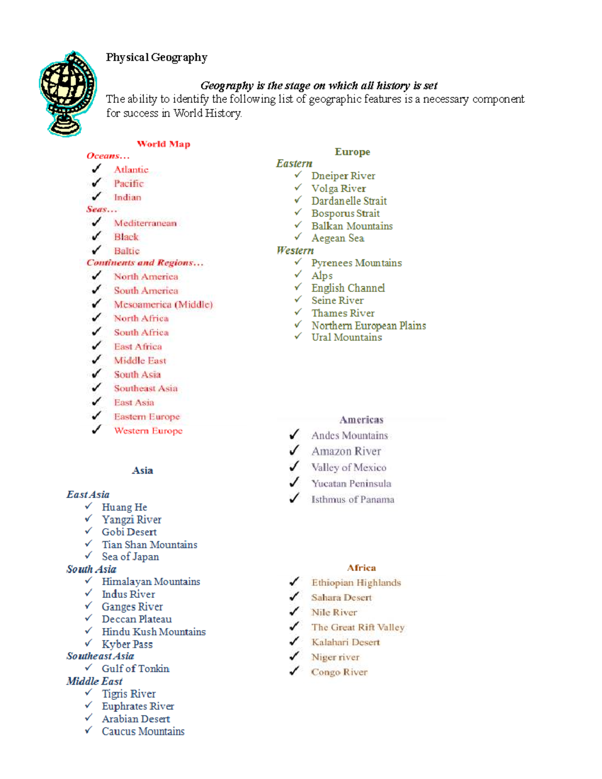 Map Identification Activity for Physical Geography - World History ...