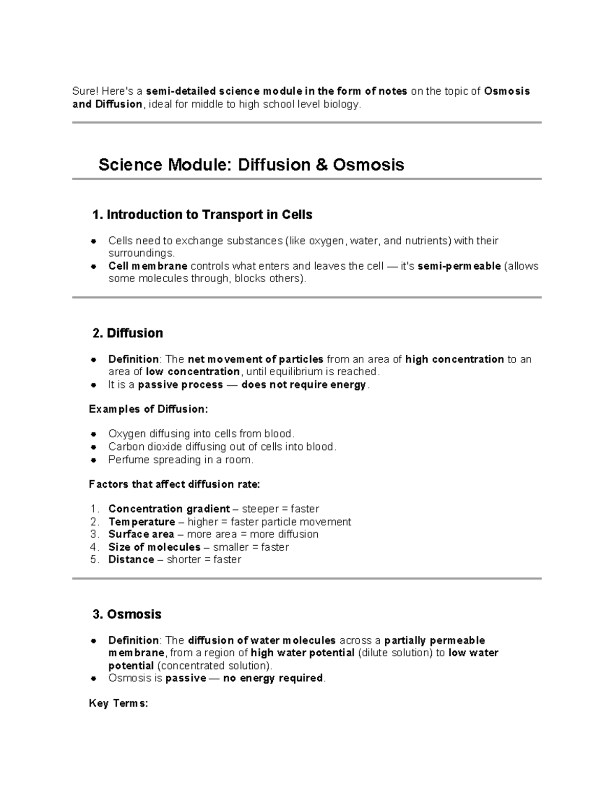 Biology Notes: Osmosis & Diffusion Overview for Grades 7-12 - Studocu
