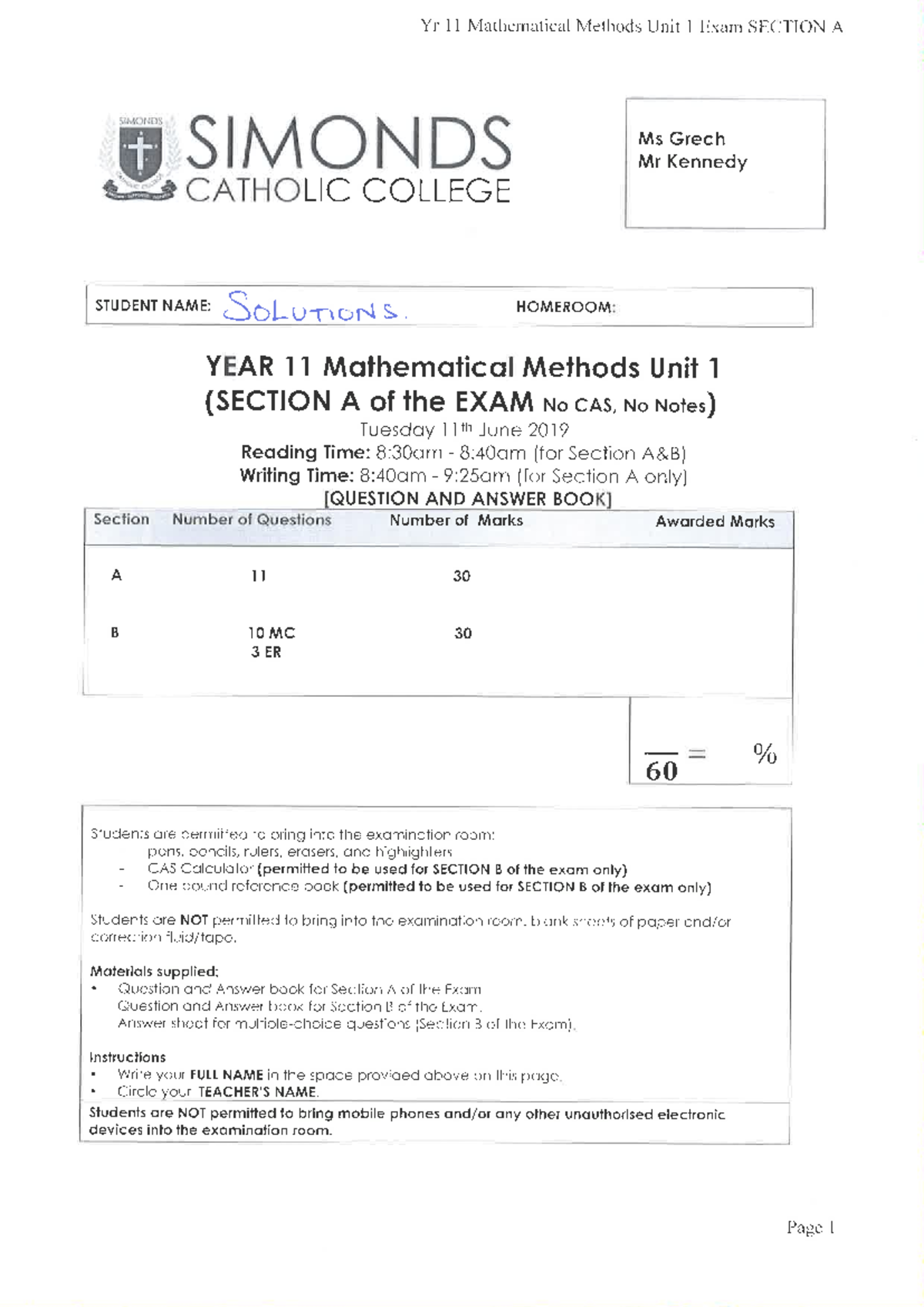 Yr 11 Mathematical Methods Unit 1 Exam Solutions: Sections A & B - Studocu
