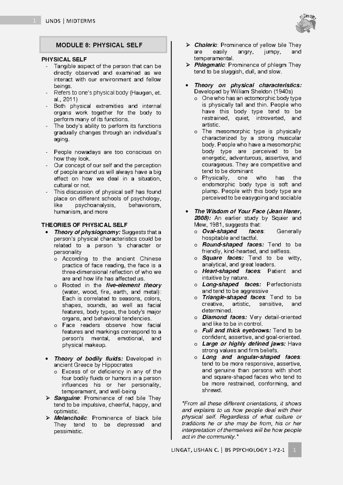 UNDS MT - UNDS MIDTERM NOTES - MODULE 8 : PHYSICAL SELF PHYSICAL SELF ...