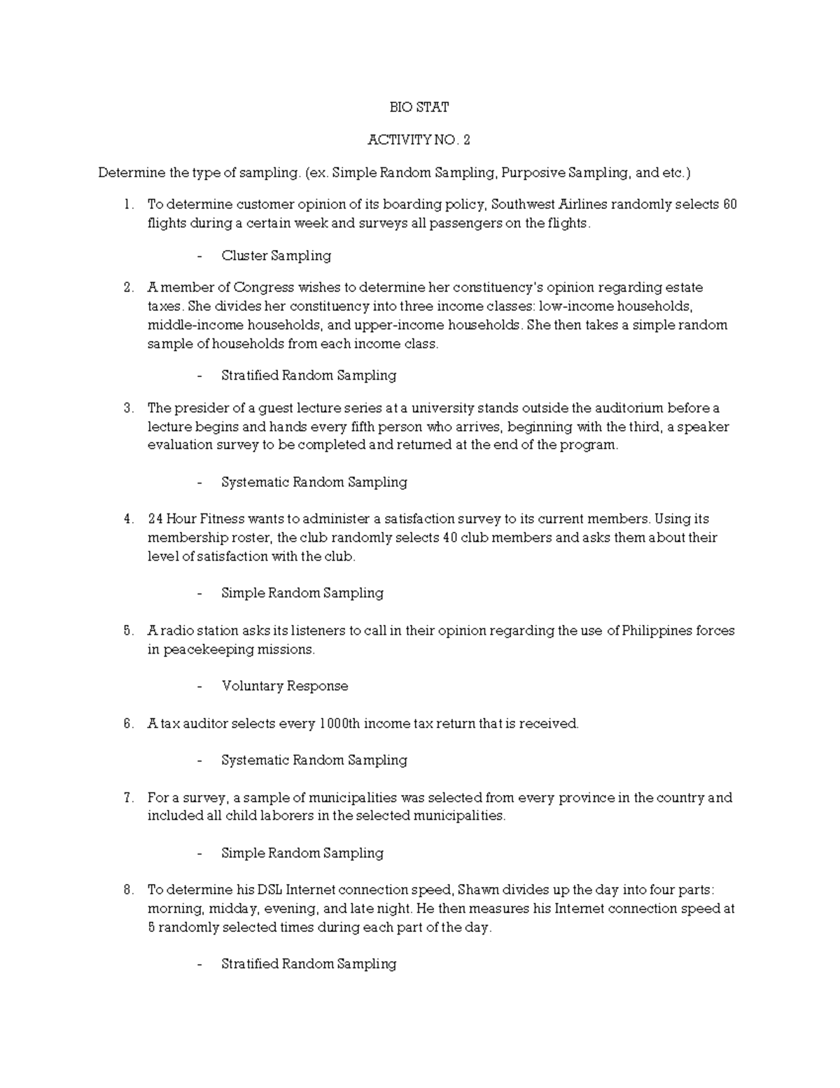 BIO STAT Act. No. 2 Pilongo - BIO STAT ACTIVITY NO. 2 Determine the ...