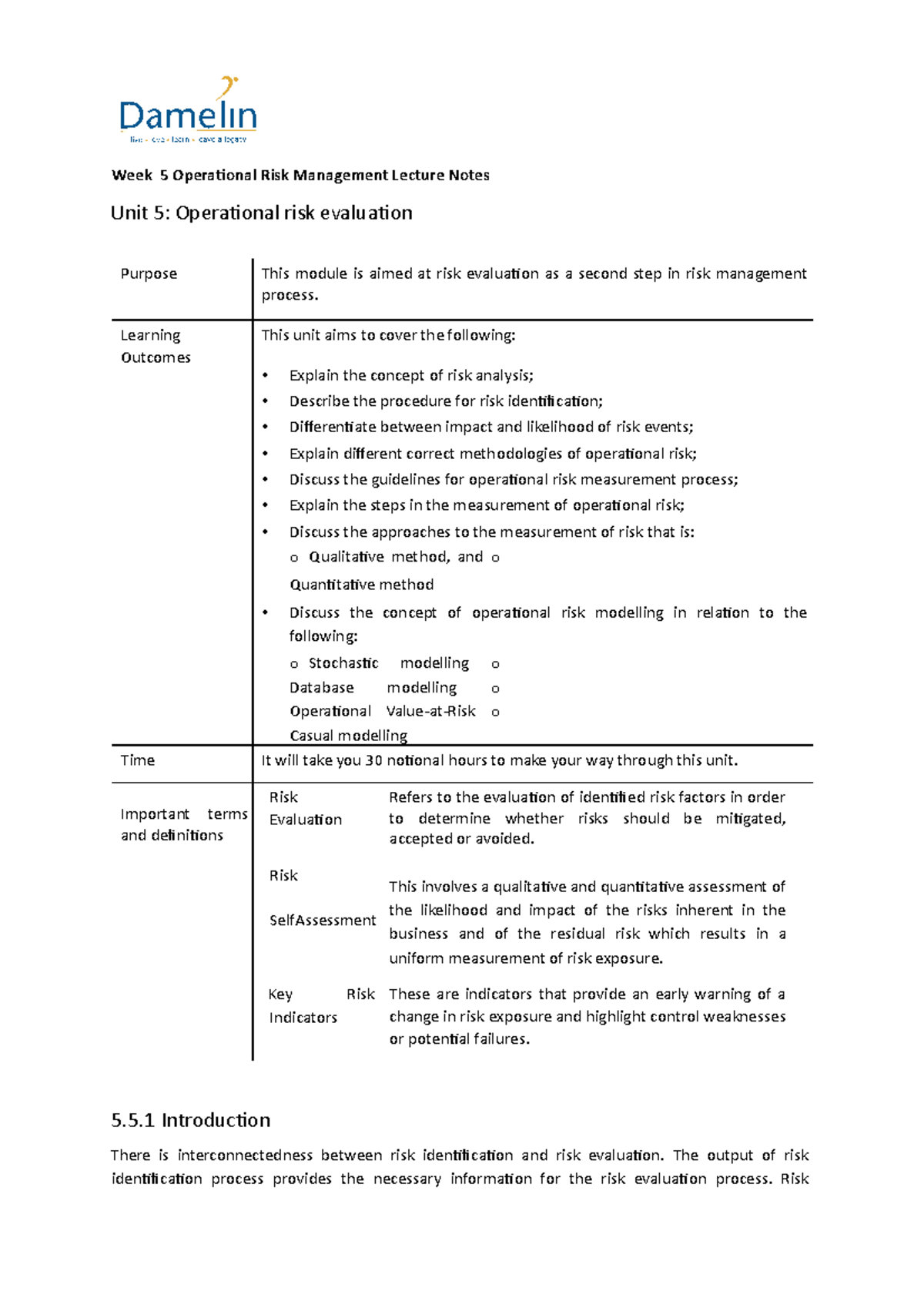 Week 5 Lecture Notes: Evaluating Operational Risks in Management - Studocu
