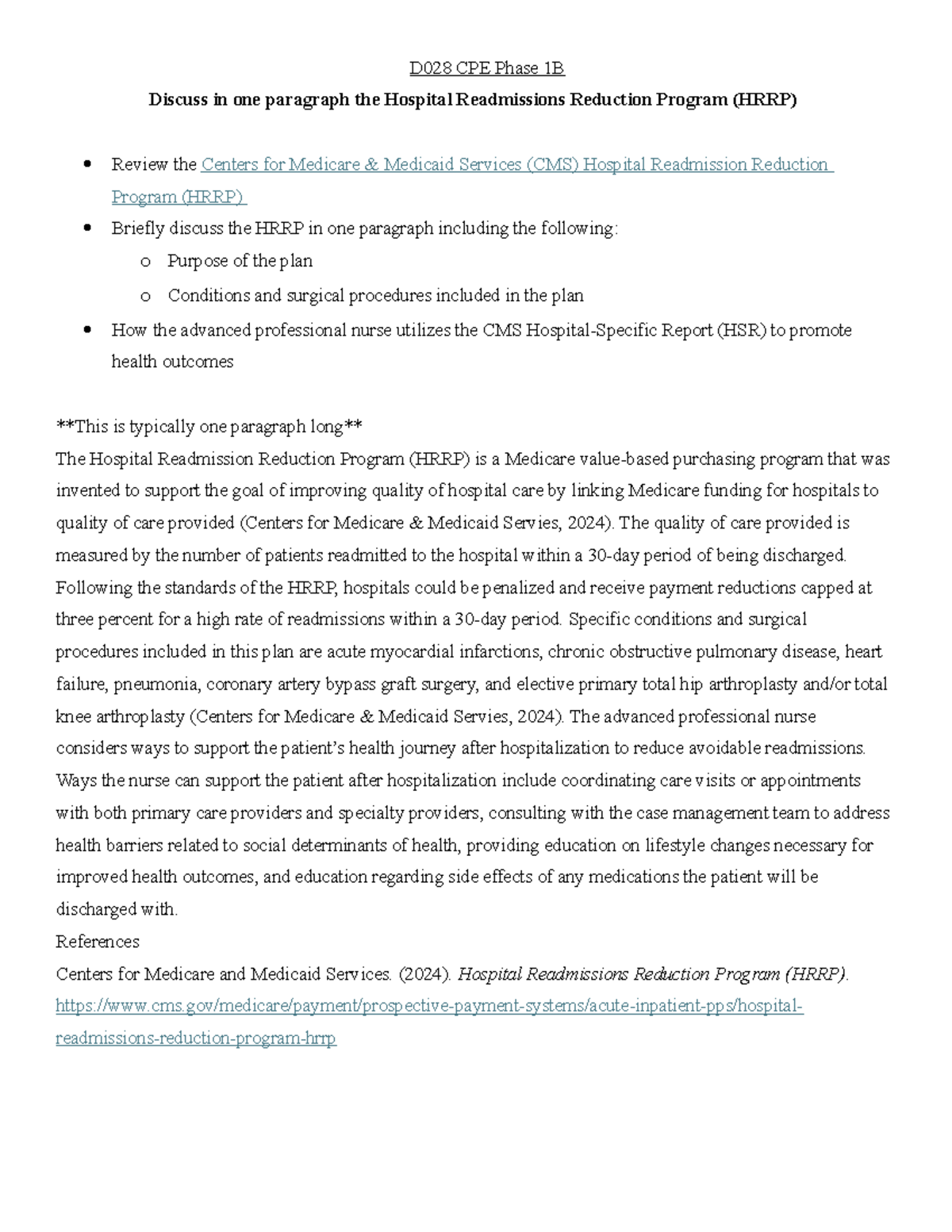 D028 CPE Phase 1B: Overview of the Hospital Readmissions Reduction ...