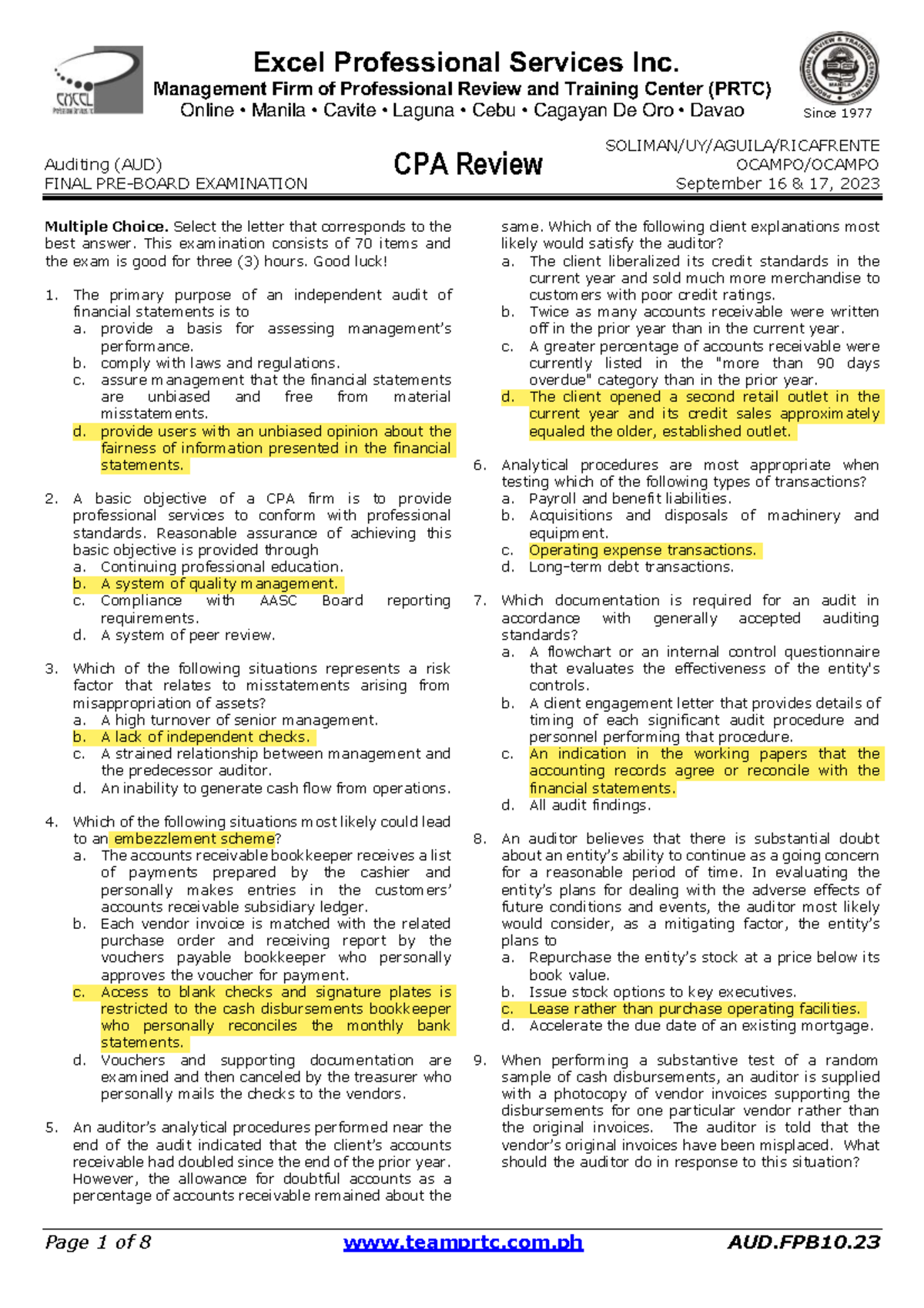 AUD 63215 PRTC Final Exam Review: Multiple Choice Questions on Auditing ...