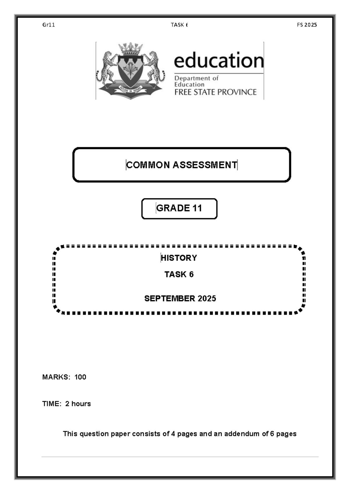 Gr11 History Task 6 Common Assessment: Apartheid Focus - Sept 2025 ...
