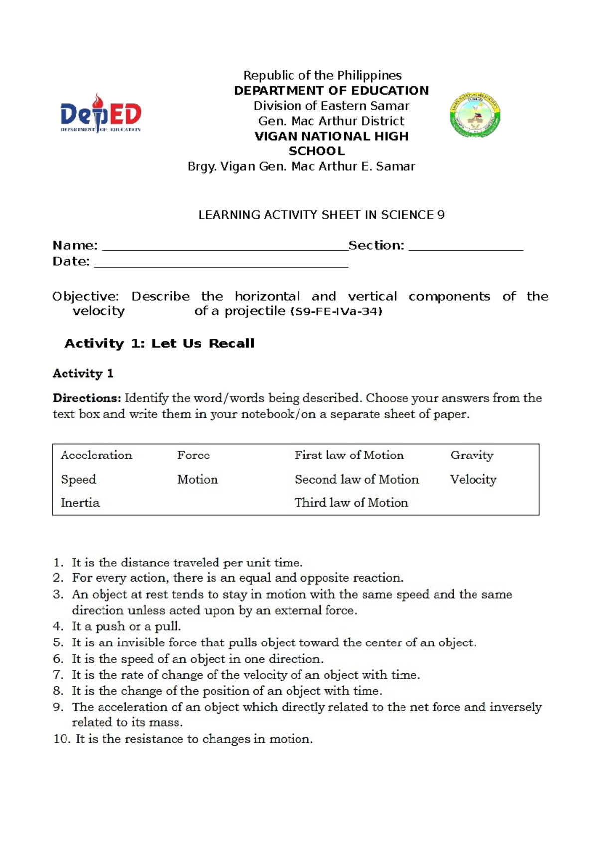LAS 9: Learning Activity Sheet on Projectile Motion - Studocu