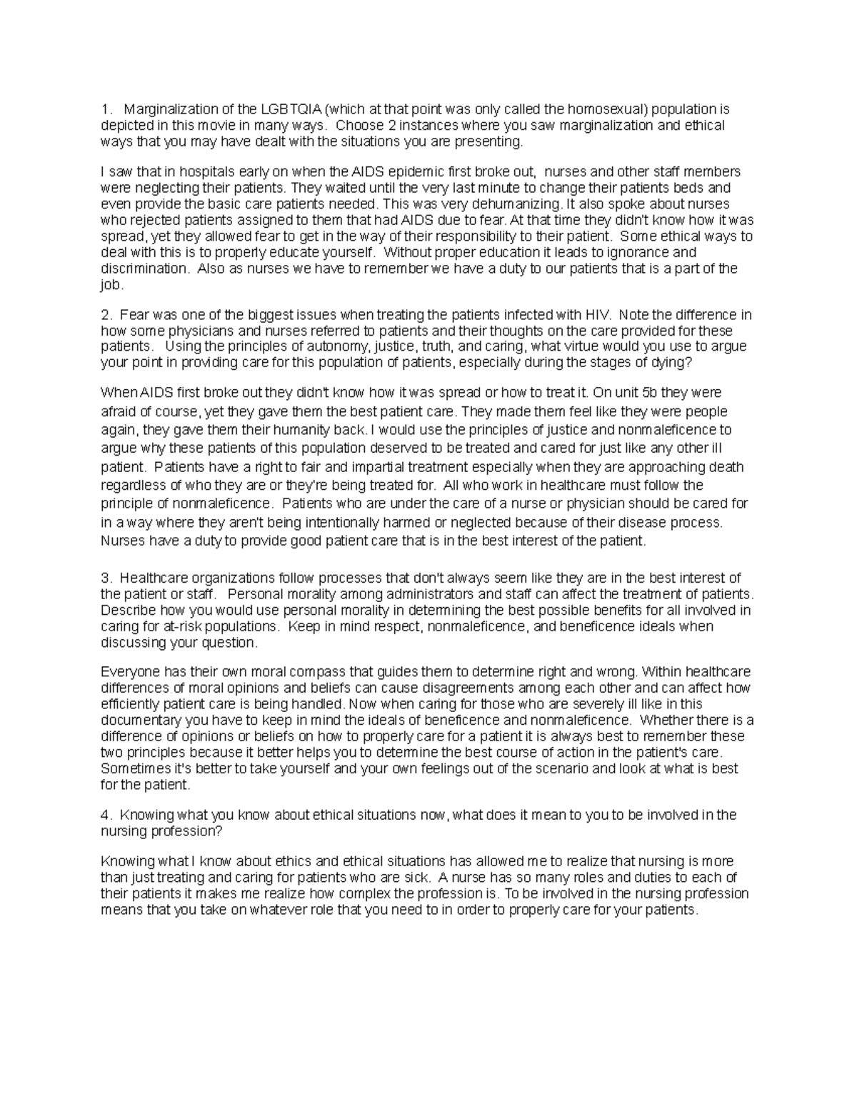 NUR 305 Documentary Discussion Post on LGBTQIA Patient Care Ethics ...