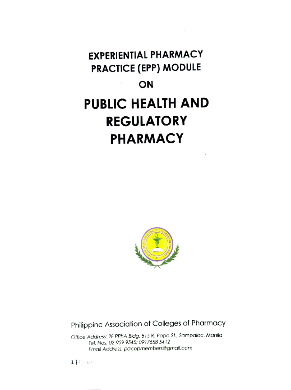 EPP Pub Health Module - EXPERIENTIAL PHARMACY PRACTICE (EPP) MODULE ON ...