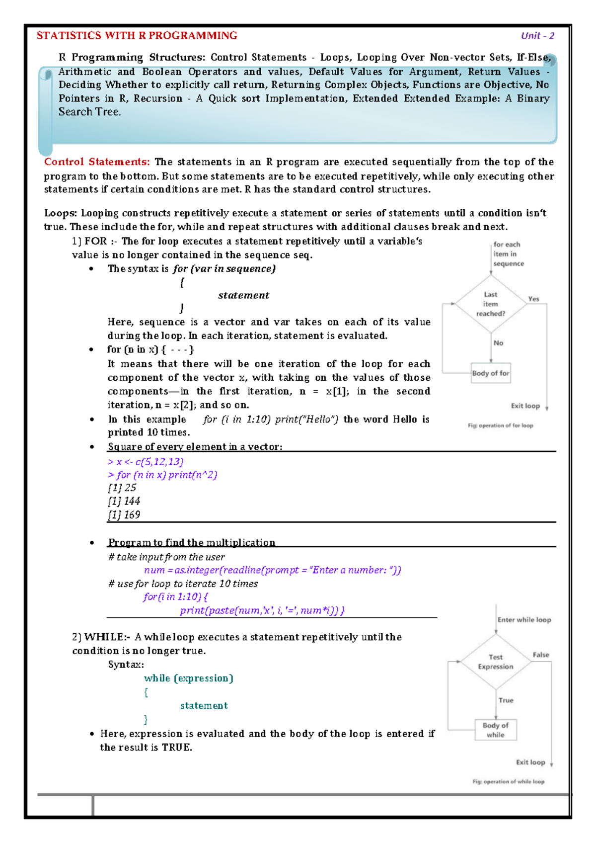 R Programming Unit 2: Control Structures and Functions Overview - Studocu