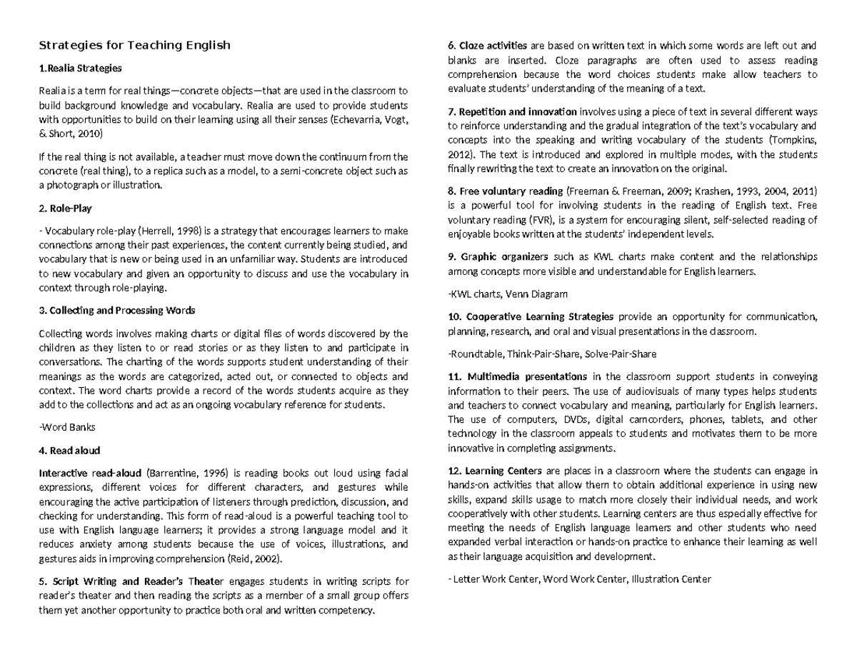 Teaching Strategies for English Language Learners (ELL) - Studocu