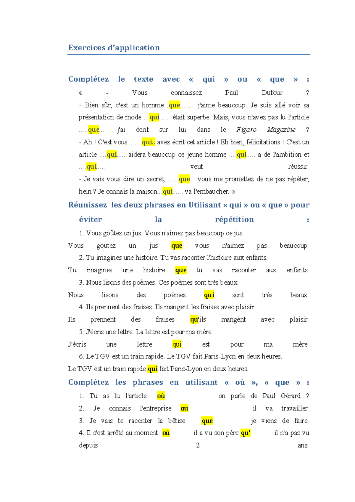 Corrigé Exercices 7 - Exercices d'application Complétez le texte avec ...