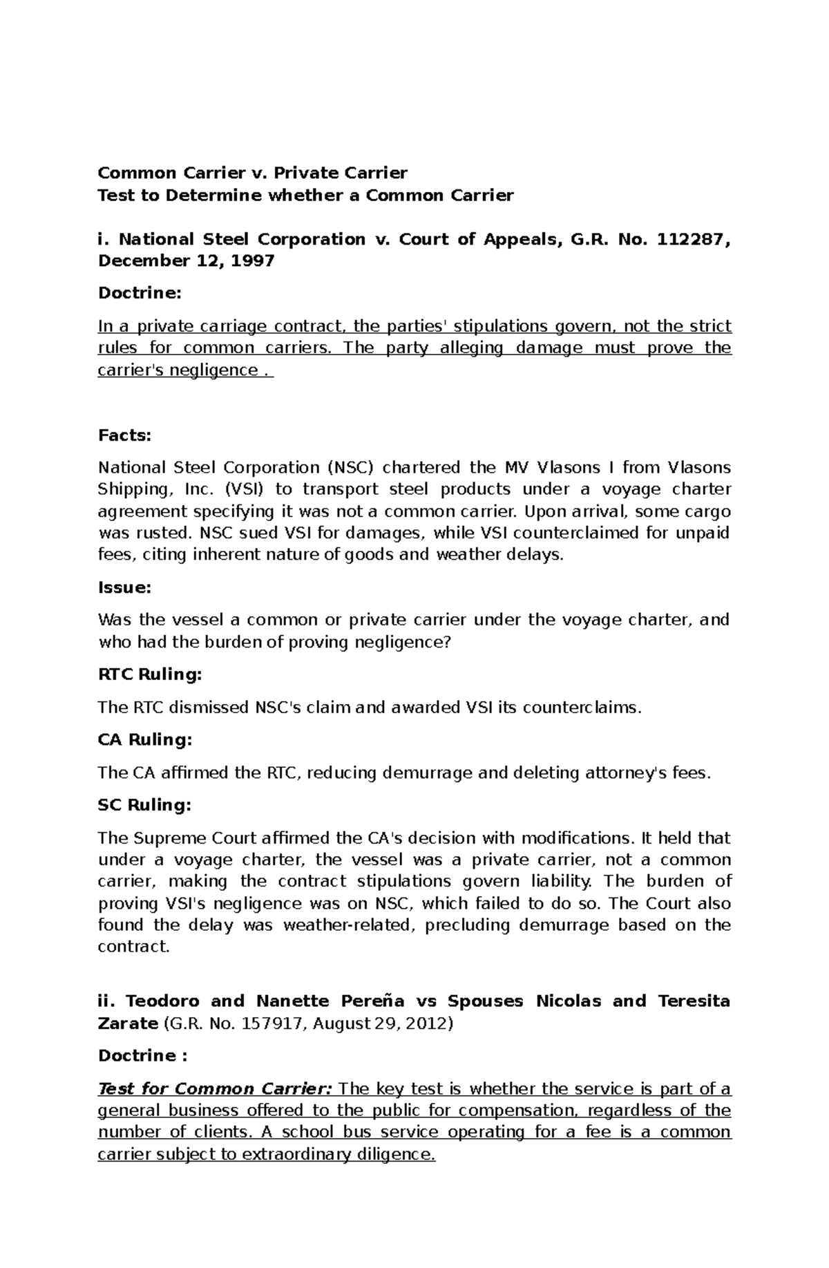 Commercial Law Case Digest: Common vs. Private Carrier Analysis (Rule 1 ...