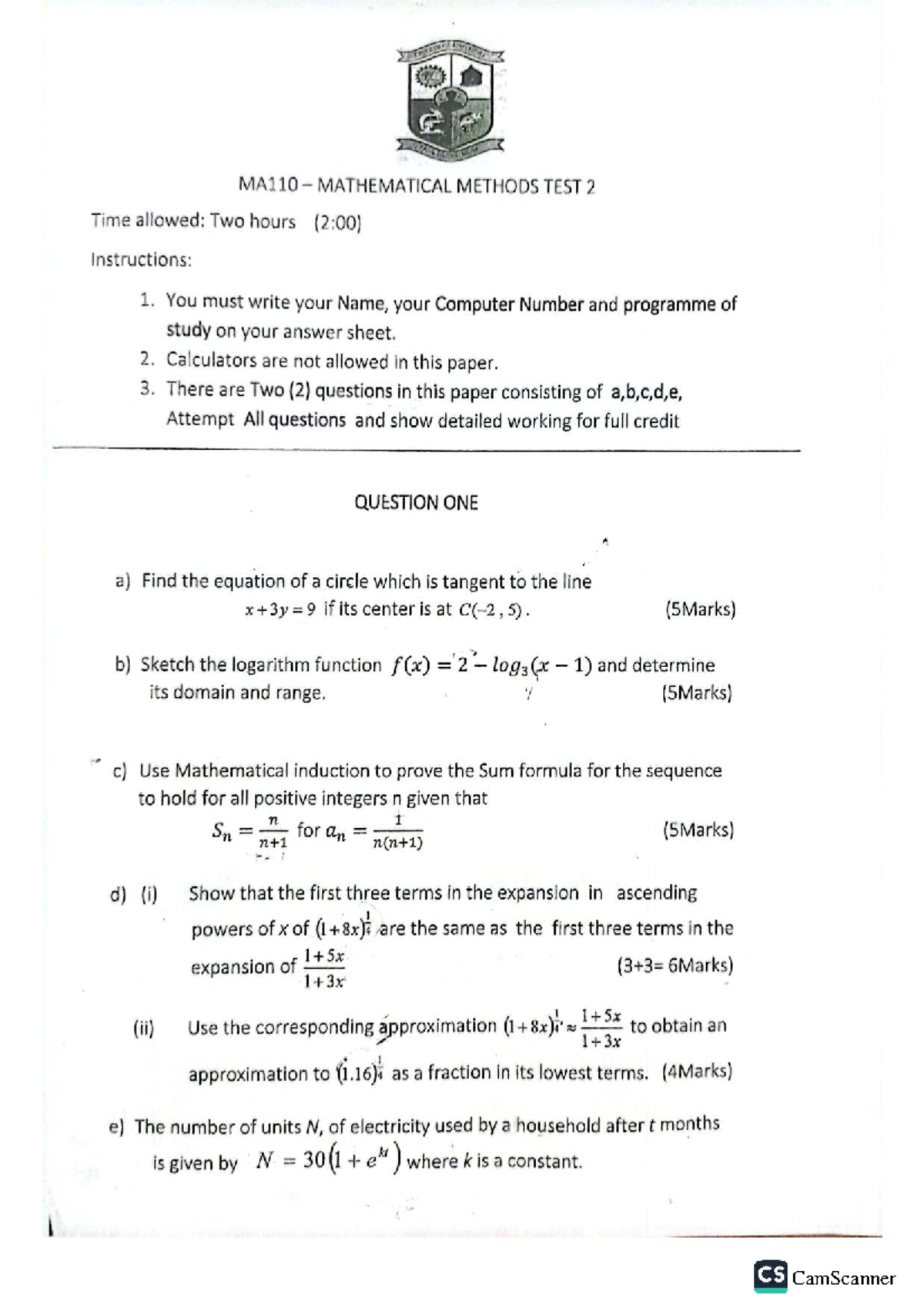 MA110 MATHEMATICAL METHODS TEST 2: Detailed Solutions and Tips - Studocu