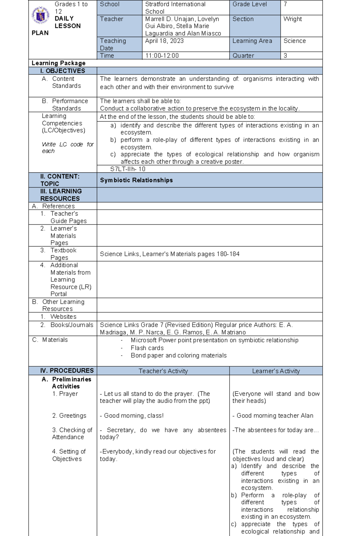 Final Lesson Plan on Ecological Relationships for Grade 7 (Q3) - Studocu