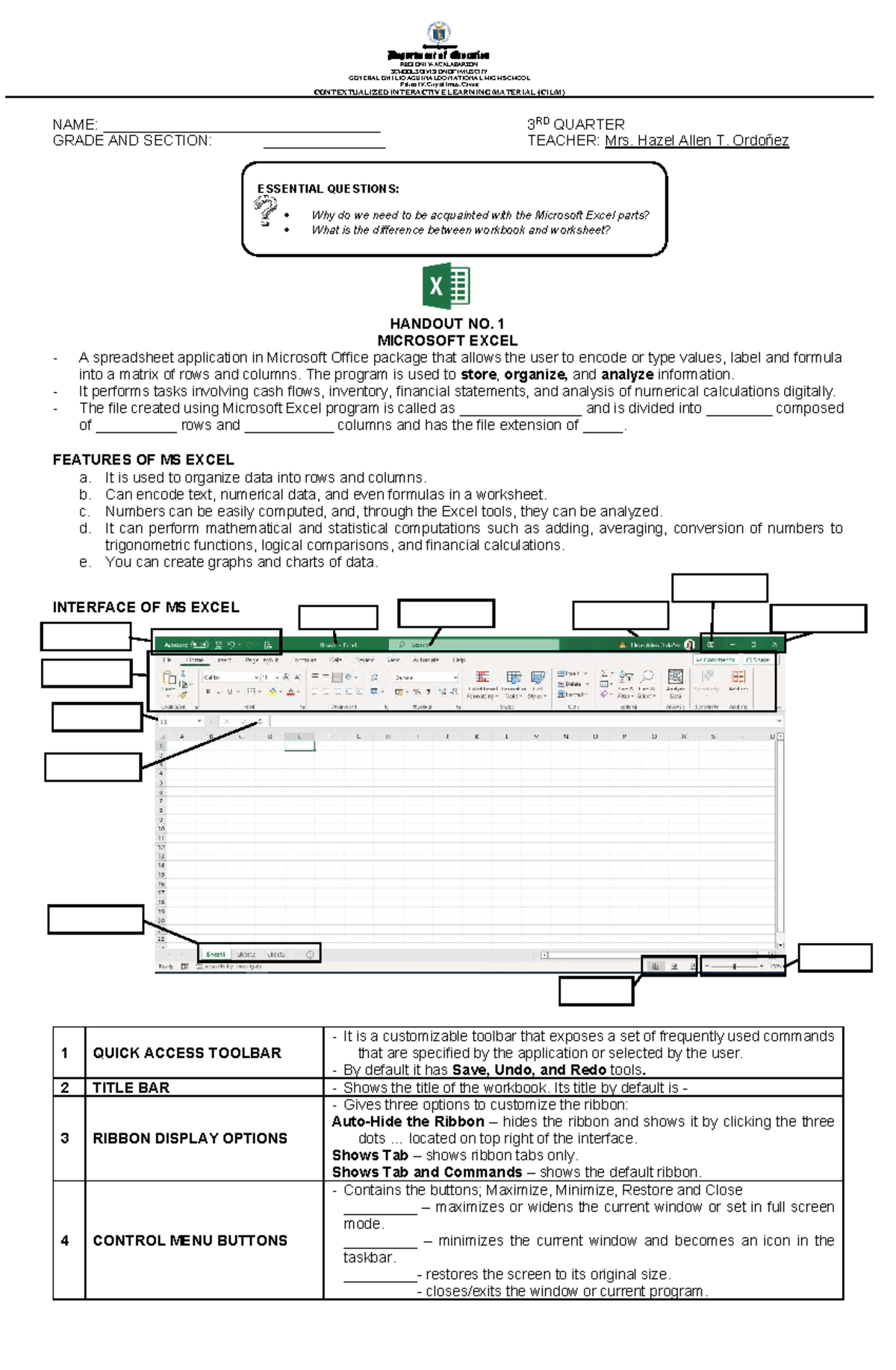 CILM HO1: Microsoft Excel Handouts Reviewer for 3rd Quarter - Studocu