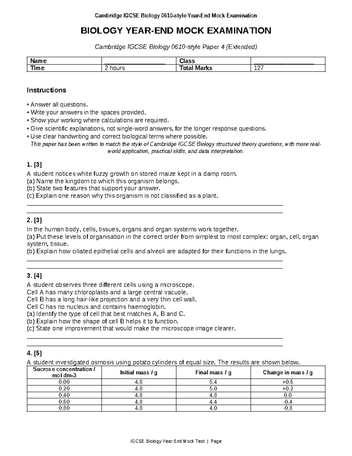 Cambridge IGCSE Biology Year-End Mock Exam Paper 4 (Extended) - Studocu