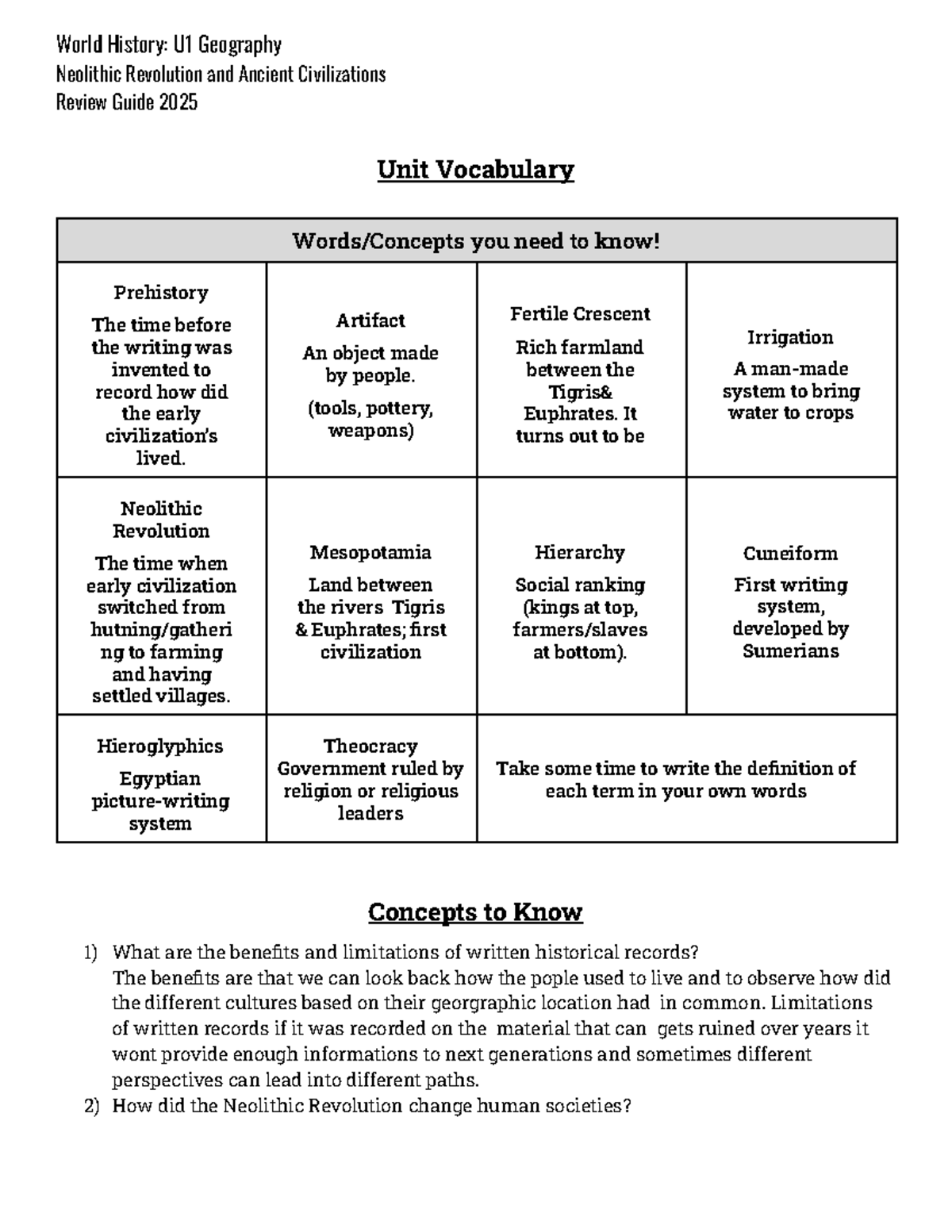 World History: U1 Quiz Review Guide on Geography & Neolithic Revolution ...