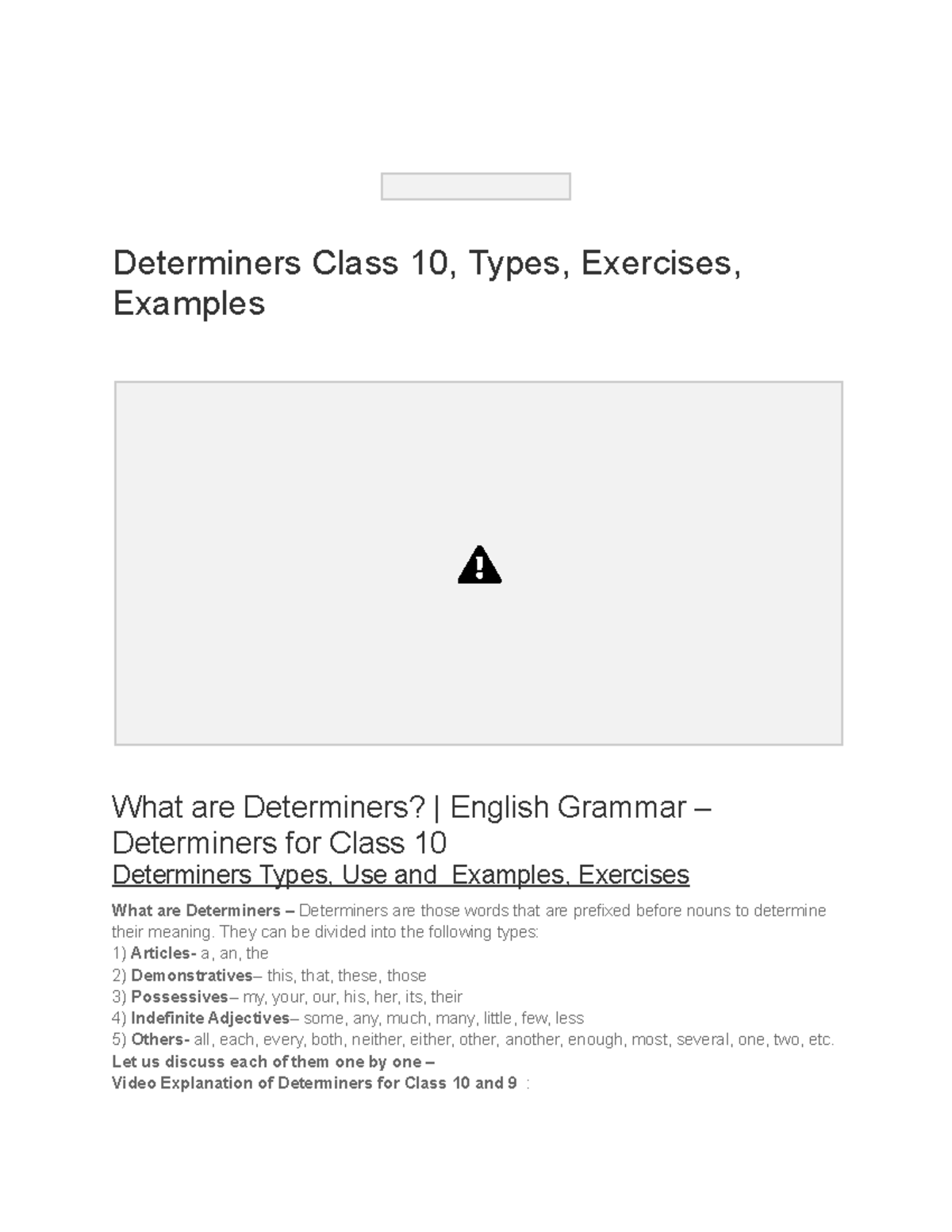 Determiners for Class 10: Types, Uses, and Practice Exercises - Studocu